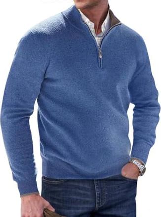 Minetom Pullover Homme Pull À Col Roulé avec Fermeture Eclair Manches Longues 1/4 Zip Col Montant Pullover en Tricoté dhiver Sweater A Bleu M
