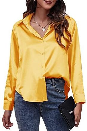 Feoya Femme Chemise Manches Longues Blouse en Soie Elegant Gilet T Shirt Casual Haut décontracté Printemps Automne XL