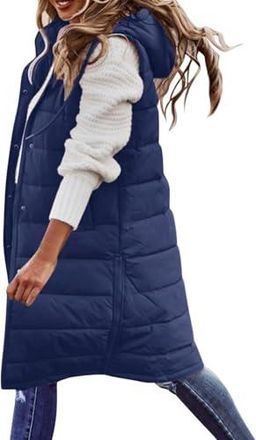 Generic Gilet bouffant long et léger sans manches matelassé pour femme, veste dextérieur décontractée à capuche avec fermeture éclair, manteaux dhiver chauds,