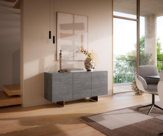 DELIFE Sideboard Cuor 150 cm Keramik Beton Grau 3 T&uuml;ren Fu&szlig; Schwebeoptik Edelstahl, Sideboards