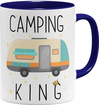 OM3 lustige Tasse mit Spruch - Camping King | Keramik Becher | 11oz 325ml | Beidseitig Bedruckt | Dunkelblau