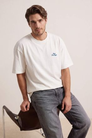 Trendyol MAN Herren Ecru Slogan Lang Oversize T-Shirts