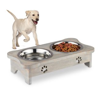 Relaxdays Futterstation Hund, erhöhte Hundebar, 2 Fressnäpfe, je 750 ml, Mangoholz & Edelstahl, Doppel Napfständer, grau