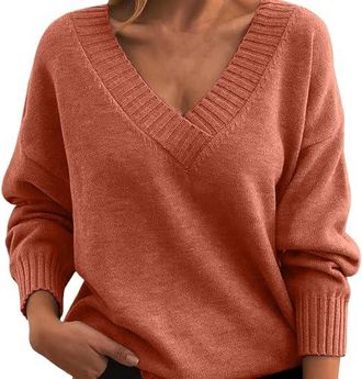 Generic Pull &agrave; col en V pour femme en tricot c&ocirc;tel&eacute; &agrave; manches longues pour femme Pull d&eacute;contract&eacute; chaud uni, corail, M