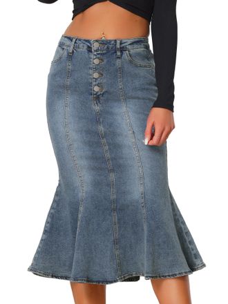 Allegra K Damen Denimrock Fischschwanz Rock Distressed Jeansrock Langer Rock Graublau XS