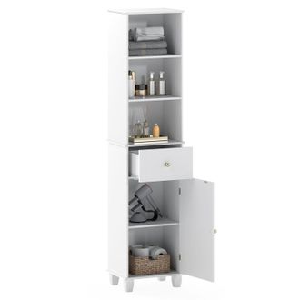 Giantex 172 cm Hochschrank, Schmaler Badschrank mit 3 offenen Regalen, 1 Schublade, 1 Tür & Verstellbarer Ablage, 40 x 30 cm Freistehender Badezimmerschrank f