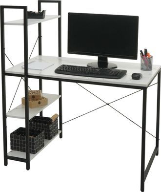 Mendler Schreibtisch mit Regal HWC-K81, Laptoptisch Bürotisch Arbeitstisch, 100x60cm Metall MDF - Marmor-Optik weiß
