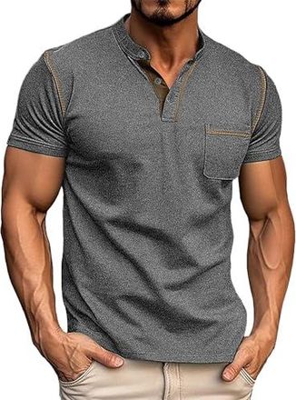Generic Henley Polo dété à manches courtes pour homme avec poche et col boutonné, Z01-gris foncé, 3XL