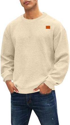 Generic Chandails en molleton pour hommes, sweatshirts à col rond, couleur unie, texture géométrique, manches longues, pull décontracté, pull dhiver, pull cou