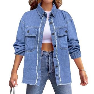 Generic Veste en jean &agrave; ourlet brut d&eacute;lav&eacute; pour femme - Style vintage - Boutons - Veste en jean, bleu clair, XXL