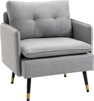 HOMCOM Polstersessel Armlehnensessel mit Kissen Loungesessel Sofa mit Leinenoptik, Stahlbeine, für Wohnzimmer, Schlafzimmer, Grau, 76 x 68 x 80 cm