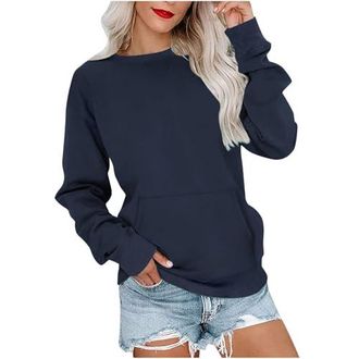 Generic Sweatshirt d&eacute;contract&eacute; &agrave; col ras du cou mignon pull tops col rond sans capuche pour femme avec poche kangourou, bleu marine, XXL