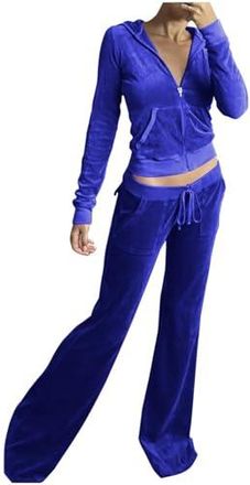 Generic Y2K Surv&ecirc;tement en velours &agrave; manches longues et fermeture &eacute;clair pour femme - Veste courte et pantalon de yoga taille basse - Jambe large, bleu, XXL