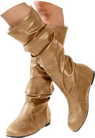 Generic Bottes mi-mollet pour femme - Souples et souples - Talon bas - Sous le genou - Chaussures plates - À enfiler - Pour lautomne, Fkaki, 38.5 EU