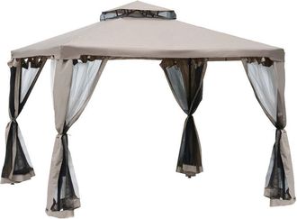 OUTSUNNY Pavillon de jardin tonnelle barnum style colonial double toit toiles moustiquaires amovibles zipp&eacute;es taupe