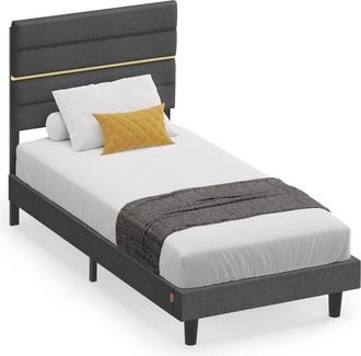 Vasagle Einzelbettgestell, Bettgestell, passend f&uuml;r 90 x 200 cm Matratze, verstellbares gepolstertes Kopfteil, Bettrahmen, Metall, Massivholz, modern, schiefe