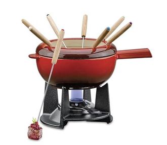 Spring Gusseisen Fondue Set rot | Ø 20 cm | mit 8 Fonduegabeln und Spritzschutz | für Käsefondue, Fleischfondue | Rechaud Brenner
