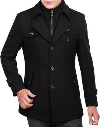 Generic Caban dhiver &eacute;l&eacute;gant en laine m&eacute;lang&eacute;e &agrave; simple boutonnage militaire d&eacute;contract&eacute; automne hiver caban chaud et doux pour homme, Noir, 3XL