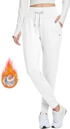 Baleaf Pantalon de Jogging doublé en Polaire pour Femme - Taille Haute - Résistant à leau - Thermique - Pantalon de Course à Pied et de Yoga, Blanc, L
