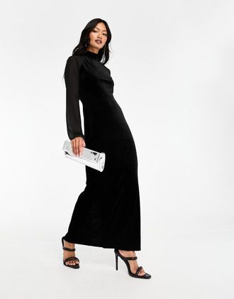 Vero Moda Y.A.S - Robe mi-longue &agrave; col montant en velours et tulle - Noir