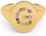 Singularu Bague personnalisée Signet Letter Colors. Laiton avec finition plaqué or 18Kt. Bague avec motif lettre et zirconias colorées. Bijoux pour femme. Lettr