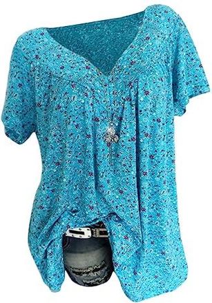 ORANDESIGNE T-Shirt Femme Grande Taille Tee Shirt Ete Chic Lâche Fleur Imprime Manche Courtes Col V Sexy Top Blouse Casual Haut Tunique Chemise A Bleu XXL