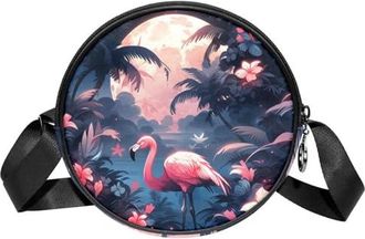 Generic Sac &agrave; bandouli&egrave;re rond pour femme, motif flamants roses, petit sac &agrave; bandouli&egrave;re avec fermeture &eacute;clair, bretelles r&eacute;glables, sac &agrave; main rond d&eacute;contrac
