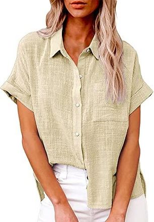 Generic Chemise en lin pour femme - &Eacute;t&eacute; - Plage - Chemisier en lin &agrave; manches courtes - Pour femme - Avec poches - T-shirt ample - L&eacute;ger - En mousseline - Gran