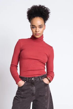 JAN 'N JUNE Damen vegan Rollkragentop Minirib Chuva Mittelrot