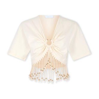 Paco Rabanne Top court &agrave; franges et perles - Femme - Tops - Beige - Taille: 40 FR
