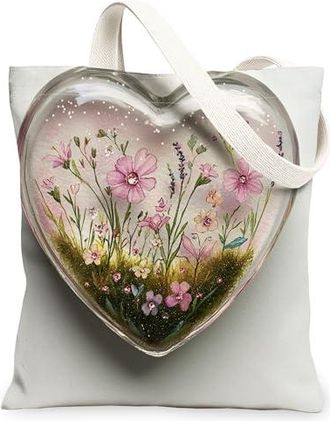 Generic Sac fourre-tout en toile avec motif floral et coeur, r&eacute;utilisable, &eacute;l&eacute;gant, l&eacute;ger, lavable, pour voyage, plage, pique-nique, 33 x 38,1 cm