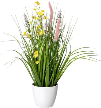 Creativ Green bunter künstlicher Blüten-Gras-Mix im Topf 46cm I künstliches Dekogras mit bunten Blüten als Frühlingsdeko I Ziergras Osterdeko I hochwertige & dekora