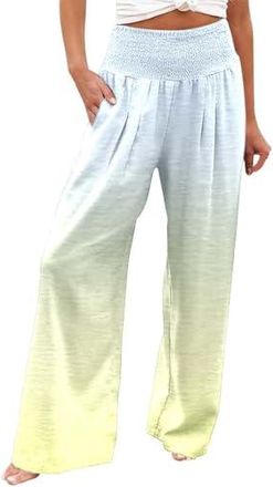Generic Pantalon en coton et lin pour femme - Jambe large - Pantalon de plage d&eacute;t&eacute; confortable - Pantalon de yoga Palazzo - XIYU26092, jaune clair, XXL