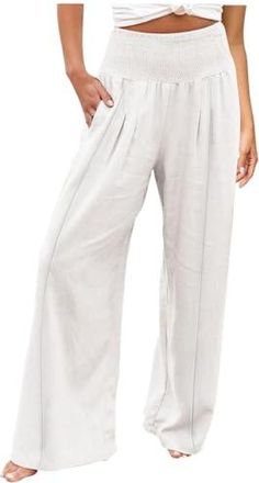 Generic Pantalon de plage en lin &eacute;lastique taille haute avec poches pour femme, blanc, 3XL