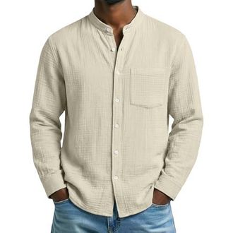 Generic Chemise Henley d&eacute;contract&eacute;e &agrave; manches longues pour homme avec poche de poitrine et col rond - T-shirt classique &agrave; boutons - L&eacute;ger et tendance - Uni - 