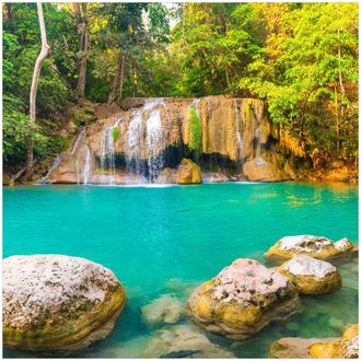 Wallario Sticker/Aufkleber f&uuml;r K&uuml;hlschrank/Geschirrsp&uuml;ler/K&uuml;chenschr&auml;nke, Selbstklebende Folie - 60 x 60 cm, Motiv: Paradiesischer Wasserfall