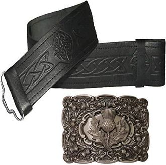 Maze Ceinture de kilt en cuir gaufré avec boucle noire en forme de chardon - Noir - taille 107/122 cm