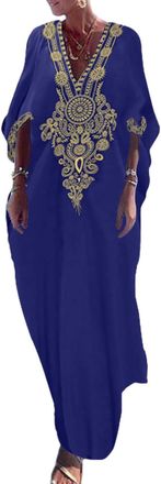 Bsubseach Gold Stickerei Lange Kaftan Kleider V-Ausschnitt Kaftan Kleid Strand Cover Ups f&uuml;r Frauen Marineblau