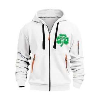 Generic DENGJIAMY Sweat &agrave; capuche zipp&eacute; pour homme Motif tr&egrave;fle porte-bonheur &agrave; manches longues avec poche zipp&eacute;e, blanc, 4XL