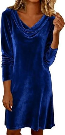 Generic Robe en velours avec col cascade pour femme - Robe &agrave; manches longues pour lhiver 2025 - Robe jaune pour femme Belle, bleu, XXL