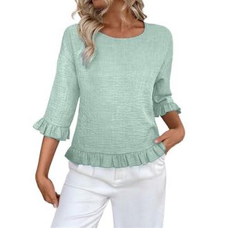 Generic Haut &agrave; manches 3 quarts en lin pour femme, chemisiers d&eacute;contract&eacute;s &agrave; col rond, chemises &agrave; &eacute;paules tombantes de couleur pure, haut tendance &agrave; ourlet &agrave; 