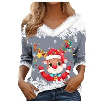 Generic Pull Noel Femme Col en V Fourrure Manches Longue Tee Shirt Drole Moche Imprim&eacute; Christmas Sweatshirt Automne Hiver Chaud(2026)