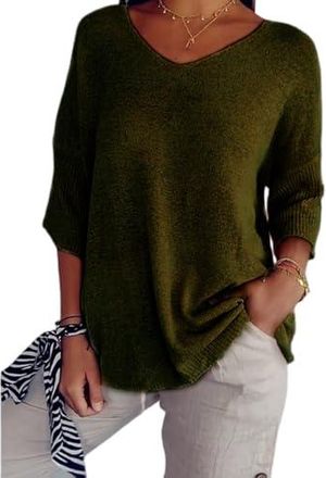 Generic Pull dautomne &agrave; col en V pour femme, d&eacute;contract&eacute; et ample &agrave; manches 3/4 en tricot l&eacute;ger pour femme, vert fonc&eacute;, 4XL