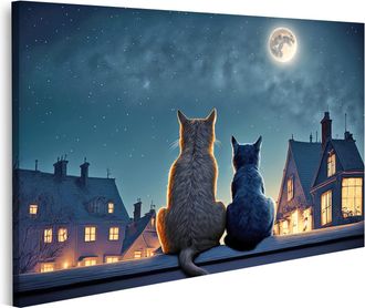 Islandburner Bild auf Leinwand Zwei Katzen Sitzen auf dem Dach Nacht Mond Sterne Himmel Liebe Partnerschaft Bilder Wandbilder Poster IYDM-1P