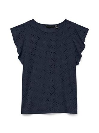 Vero Moda Chemise Blouse avec Motif Trou et Manches Courtes Volant&eacute;es, Couleurs:Bleu-Marine, Taille:S