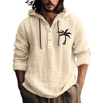 Generic Chemise en lin pour homme - Manches longues - Avec capuche - Confortable et respirante - Chemise &agrave; manches longues - Boutonni&egrave;re - Chemise d&eacute;t&eacute; surdim