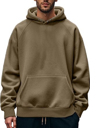 OLIPHEE Lockerer Kapuzenpullover f&uuml;r Herren Fleece Casual Hoodie Herren Herbst Winter mit Tasche Einfarbig Sweatshirt Warme Streetwear Khaki 3XL