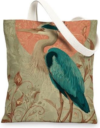 Generic Heron Sac fourre-tout en toile, respectueux de lenvironnement, r&eacute;utilisables, sacs de courses vintage l&eacute;gers &agrave; bandouli&egrave;re verts, 33 x 38 cm