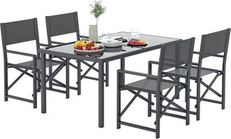 OUTSUNNY Sitzgruppe 5-teilig Essgruppe Stahl f&uuml;r 4 Personen Esstisch mit 4 klappbar St&uuml;hlen Esszimmergruppe mit Glastisch K&uuml;chentisch-Set Balkonm&ouml;bel