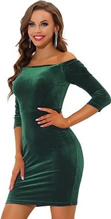 Allegra K Robe Moulante en Velours &agrave; &eacute;paules d&eacute;nud&eacute;es et Manches 3/4 pour Femmes Vert fonc&eacute; M